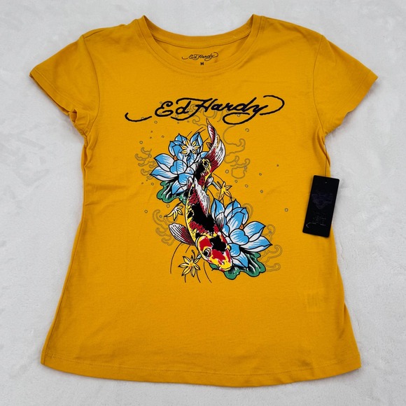 Ed Hardy | Tops | New Ed Hardy Mustard Yellow Koi Fish Lotus Flower ...